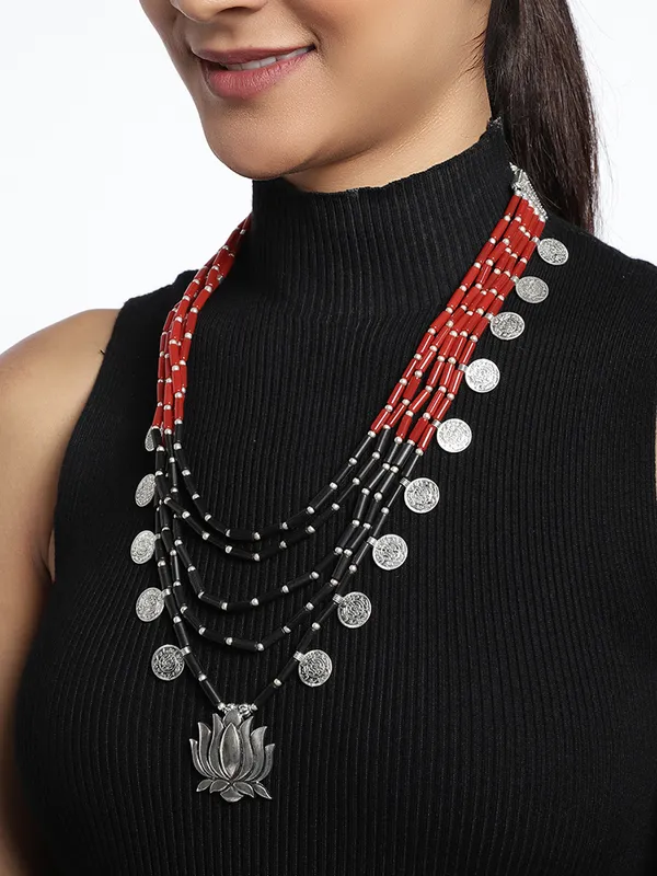 BINNI Utpala Multi-Layered Red and Black Beaded Necklace with Silver ...