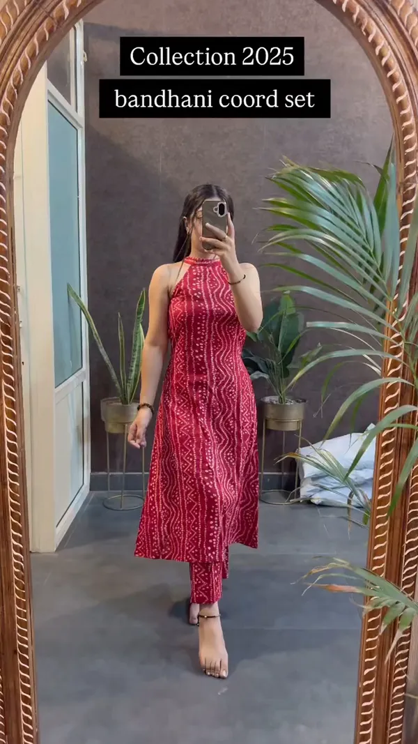 SAMVRITA Festive Fusion Crimson Red Bandhani Halter Coord Set Price in ...