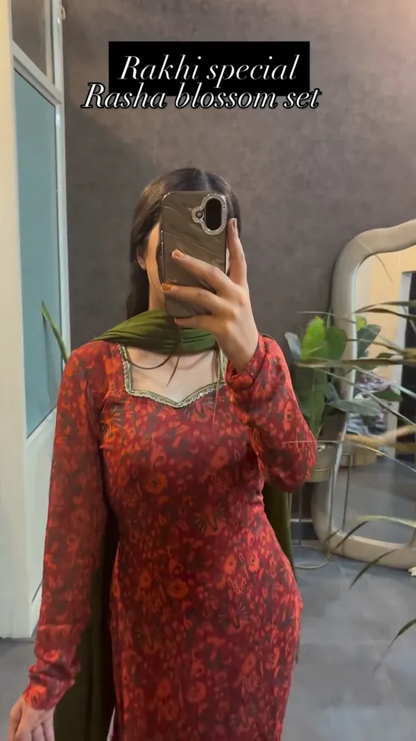 SAMVRITA Rakhi special Rasha Rust Blossom Kurta Pant Dupatta Set Price ...