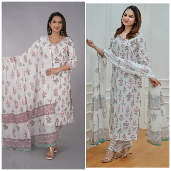 BASABI APPARELS Pure Cotton Embroidered Kurta and Pants with Dupatta ...