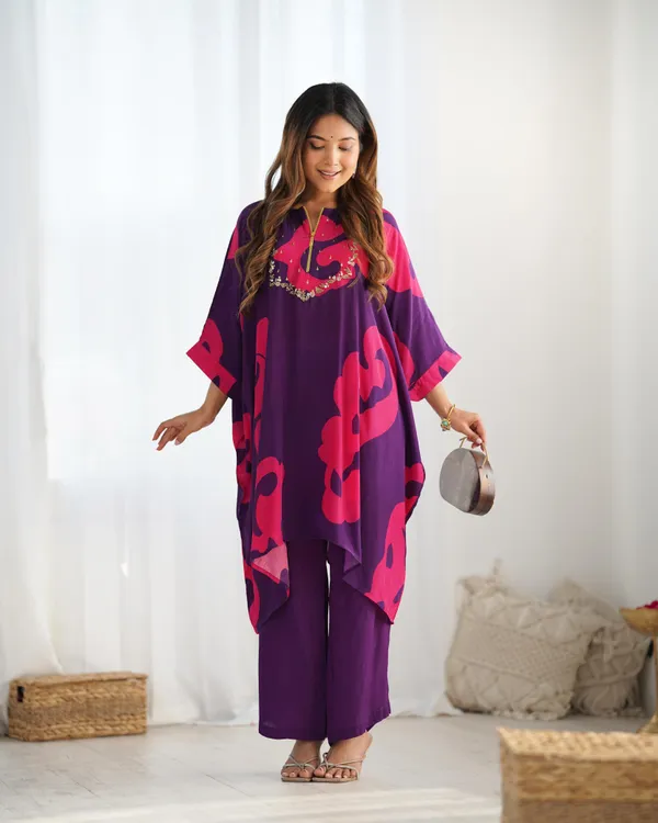 LABEL ACHIRA Purple Printed Kaftan Set Price in India - Buy LABEL ...