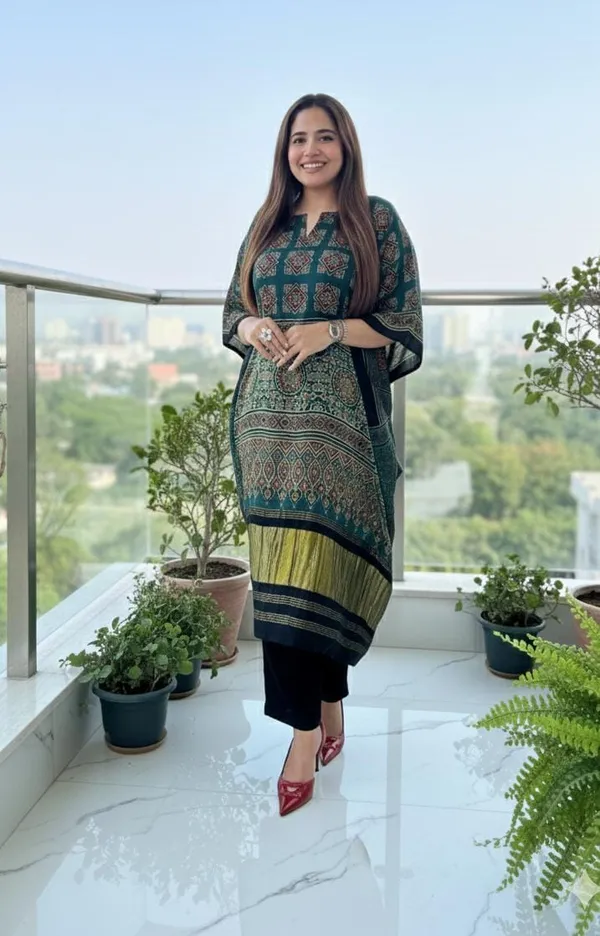 LABEL ACHIRA Persian Green Ajrakh Kaftan Price in India - Buy LABEL ...