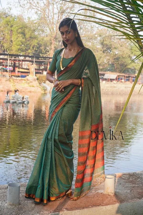 DEVIKA TEXTILES Ashwini Pista Green checked Pattern Narayanpet Pure cotton saree Price in India ...