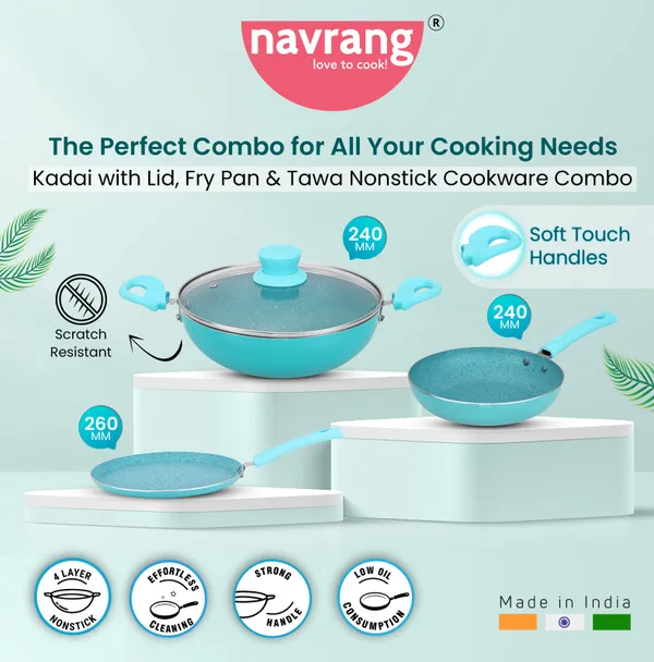 Navrang Set of 4 pcs Aqua Blue Granite Aluminium Non-Stick Cookware Set ...