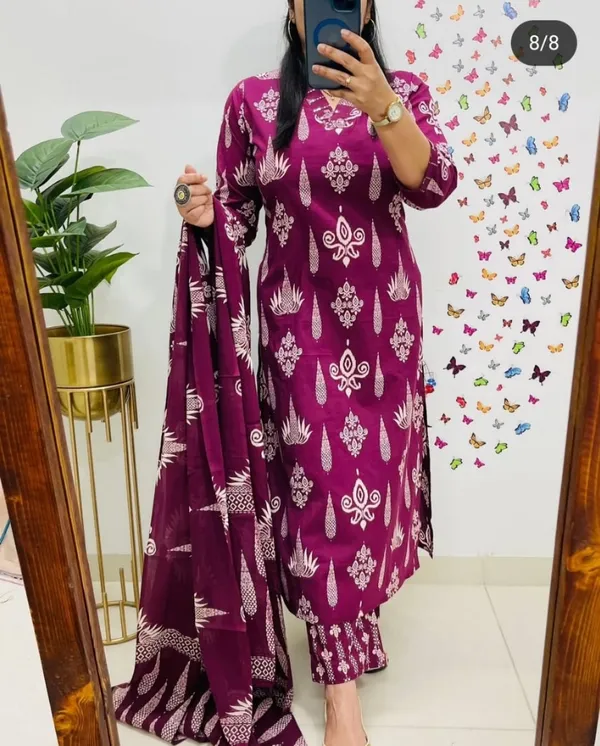 MOLISHA Floral Cotton Suit Set (3 Colours) Purple Price in India - Buy ...