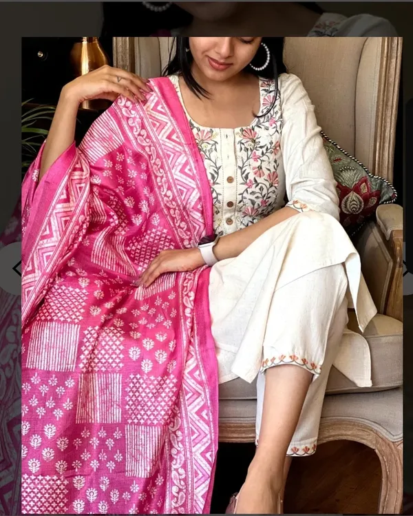 MOLISHA Cream Khadi Cotton Kurti Set With Dupatta For Women Price in ...