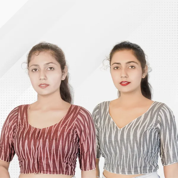 Riyashree Pack of 2 Grey and Red Cotton Ikkat Print Ready to wear Stitched Half Sleeve Blouse ...