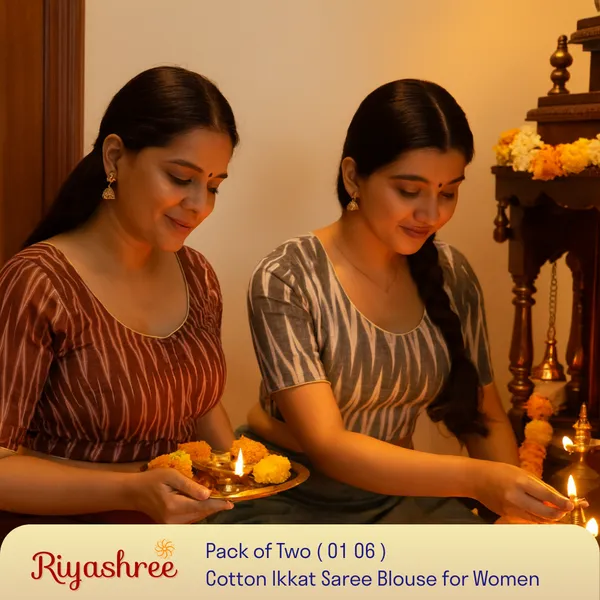 Riyashree Pack of 2 Black and Red Cotton Ikkat Print Ready to wear Stitched Half Sleeve Blouse ...