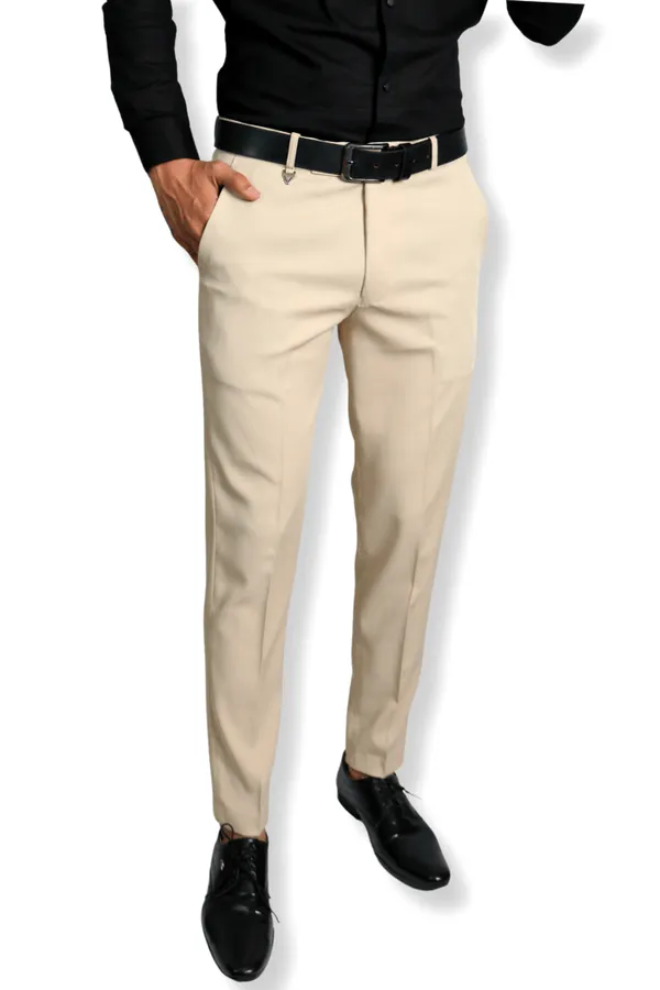 THE MRP STORE Cream Plain Slim Fit Formal Trouser | Stretchable and ...