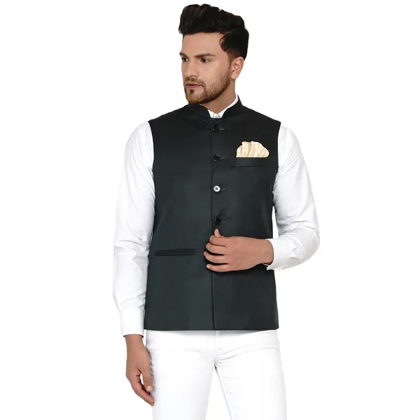 VEERA PARIDHAN Traditional Green Men's Solid Nehru Jacket For Party And ...