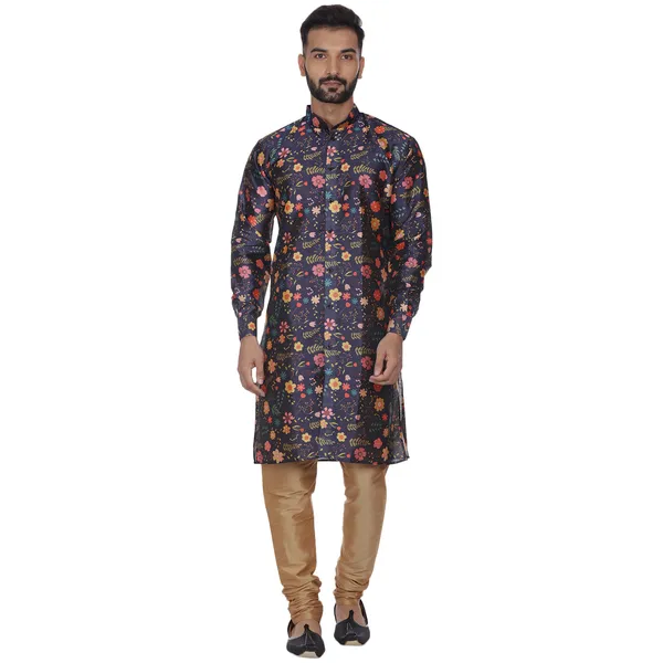 VEERA PARIDHAN Men's Blue Multi Print Sherwani style Long Silk Kurta ...