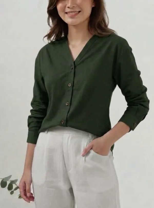 SIDDHO HUM Women's Olive Green Solid V-Neck Button-Down Top – Full ...
