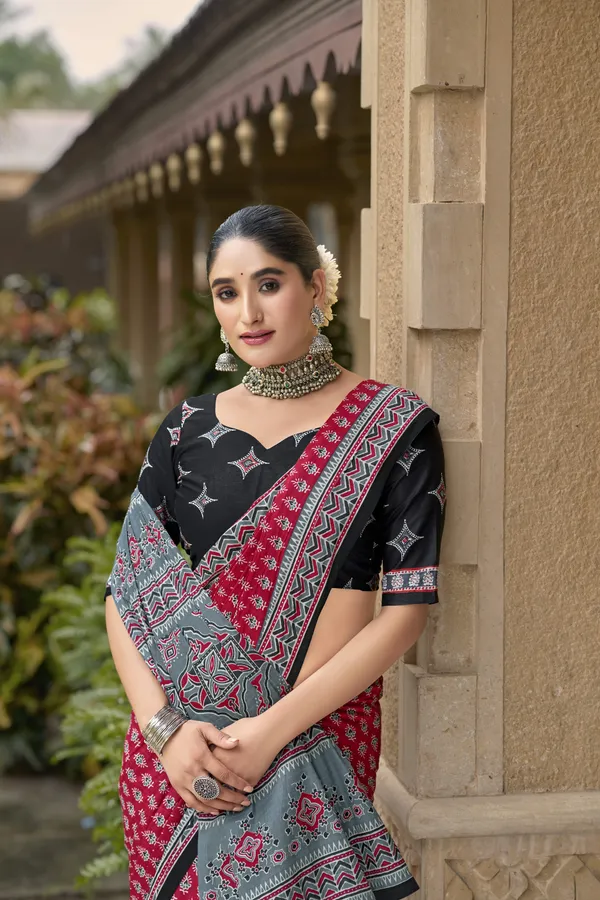 Sanu Silk Rich Cherry Rani Color with Black Border in Cotton Fabric ...