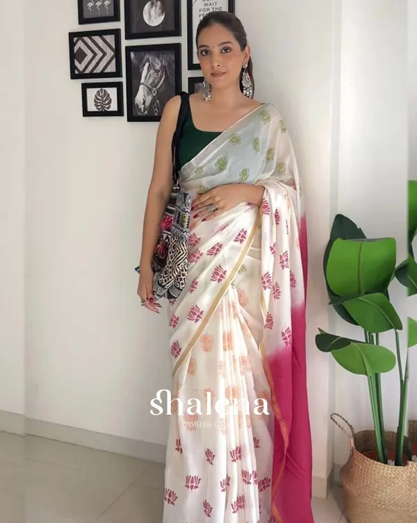 SHALENA Garden Glow - White 1-Minute Ready to Wear Saree with Green ...