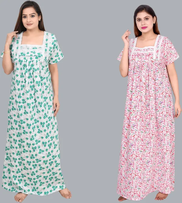 Alluring Looks Pack Of 2 - Cotton Floral Square Neck Night Wear For ...