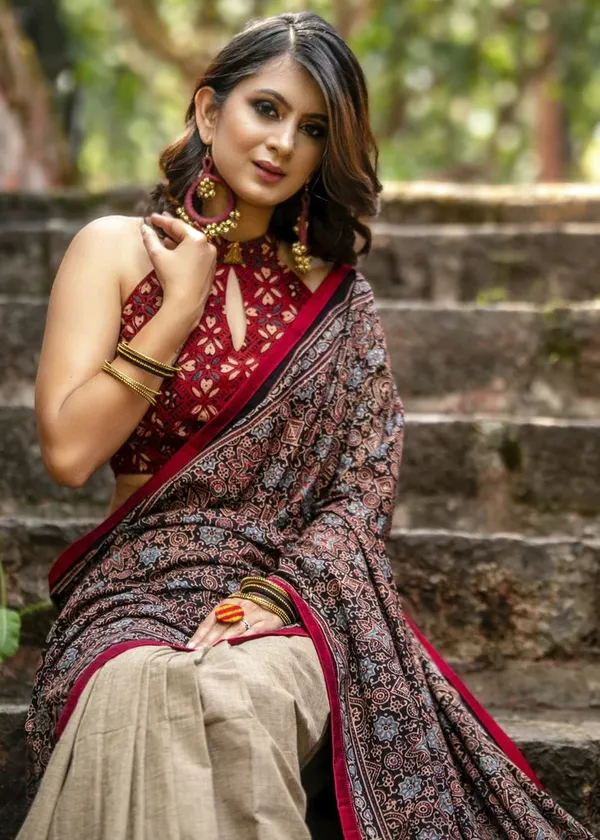Clothing Saree Hub Exclusive Block & Combination Linen Saree With Blouse Piece Price in India ...