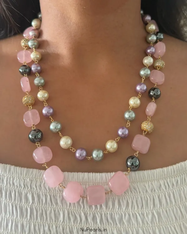 NuPearls Pink Samah Double Layer Handmade Pearl & Stone Mala With ...
