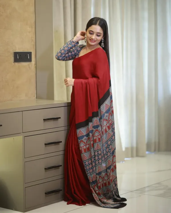 Store Of Ajrakh Dark Forest Red Colure Modal Silk Saree Price in India ...