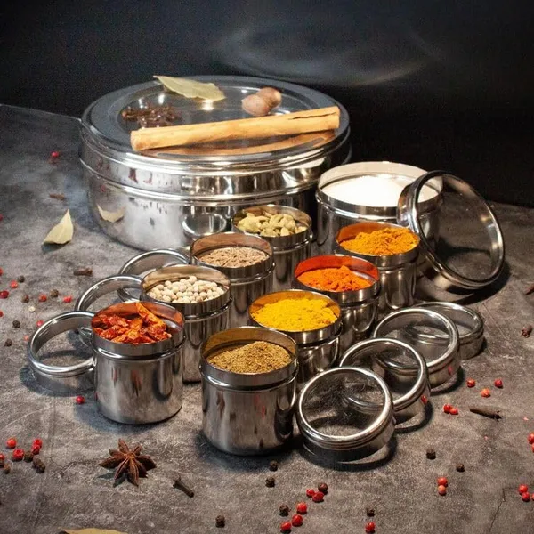 GANGA METAL Silver 9 In 1 Stainless Steel Spice Box Masala Dabba For ...