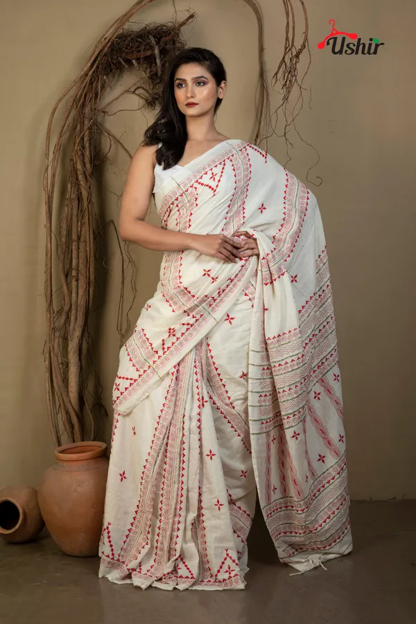 USHIR white cotton kanthastitch hand work ssaree Price in India - Buy USHIR white cotton ...