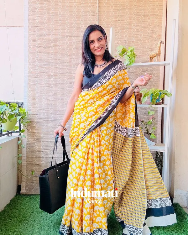 INDUMATISAREE Bold Haldi - Yellow Linen Saree with Statement Black Trim ...