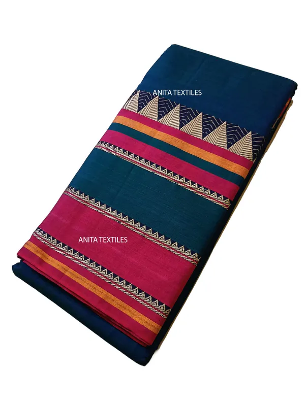 Anita Textiles Navy Blue Rangoli Border Narayanpet Pure Cotton Saree ...