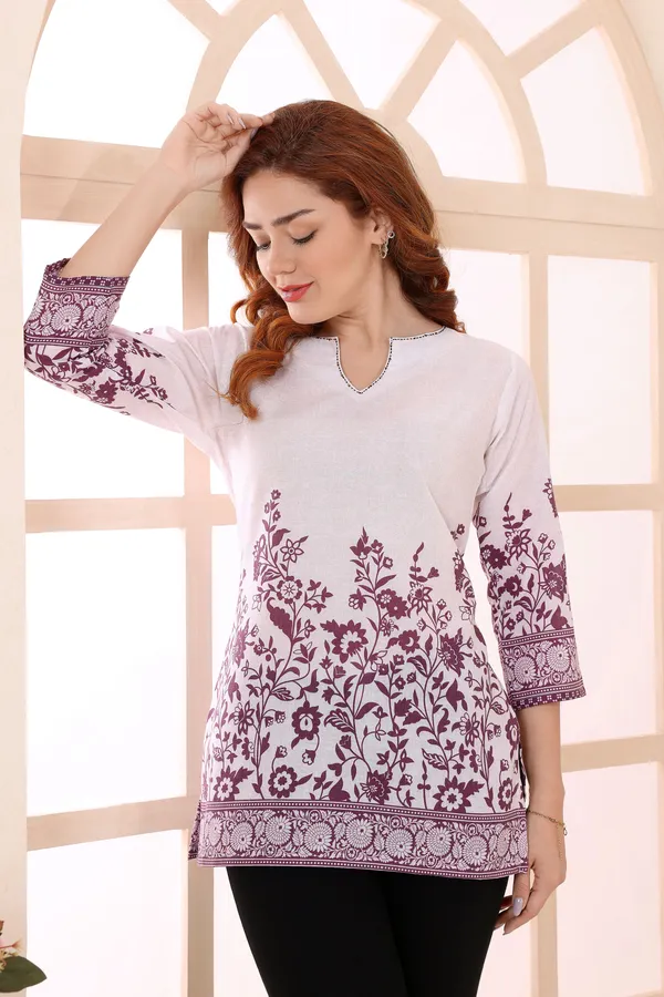 keshubaba Purple Cotton Short Kurti Tunic Top with Ethnic Motifs for ...