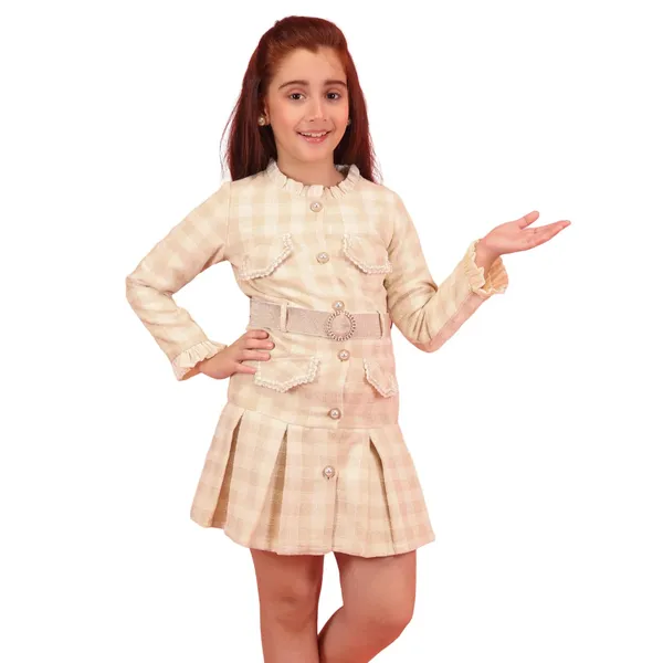 CuteCumber Cutecumber Girls Beige Check Tweed Long Sleeve Button-Down ...