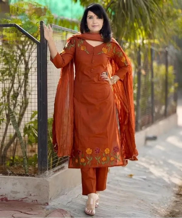 Sui Dhaga India Rust Trendy Design Cotton Three Piece Suit Set Price in ...