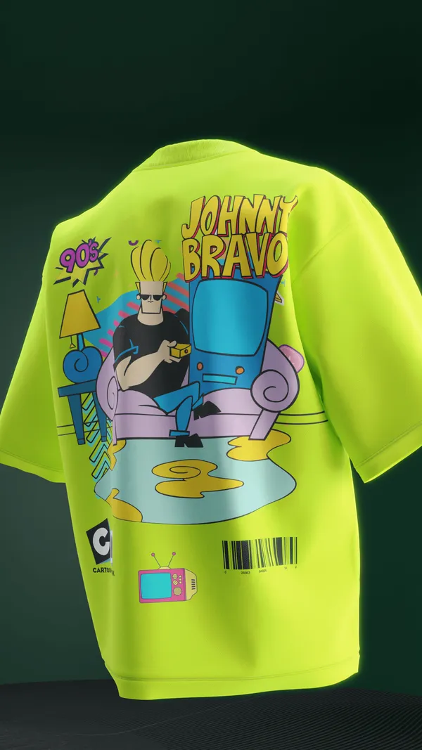 UGUY Neon Green Jonnny Bravo Cartoon Print Cotton 220 Gsm Orversized ...
