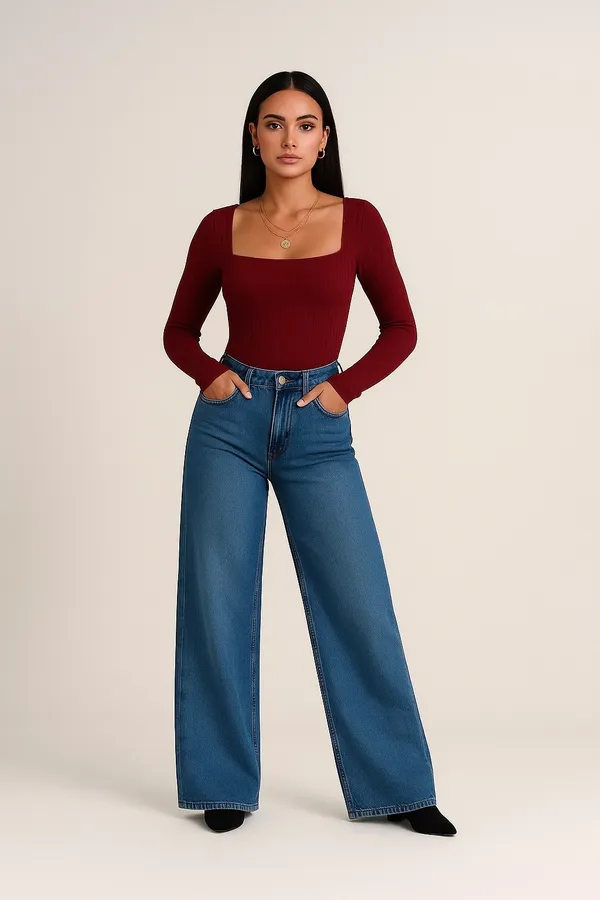 Sugarcanne Maroon Ribbed Square Neck Full Sleeves Casual Tops For Women ...