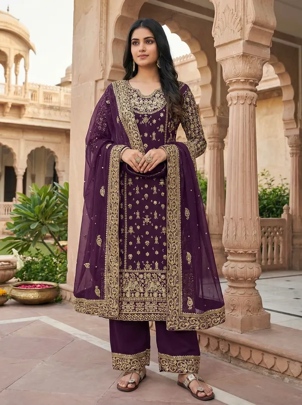 SHANAYA Wine Faux Georgette Sequence Embroidered Designer Kurta Palazzo ...