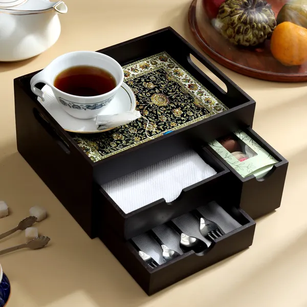 Blue Elephant Black Wooden Multi Serving Tray With 3 Drawers For Home ...