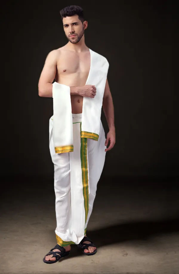 Spewim White Polyester Elastic Ready To Wear Dhoti With Dupatta For Men ...