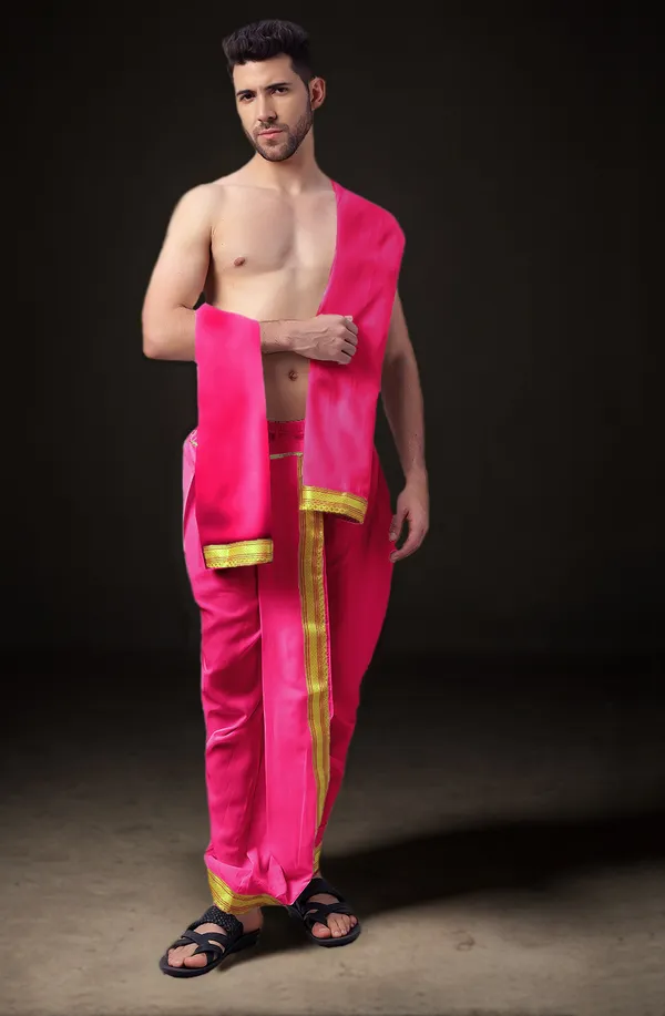Spewim Pink Polyester Elastic Ready To Wear Dhoti With Dupatta For Men ...