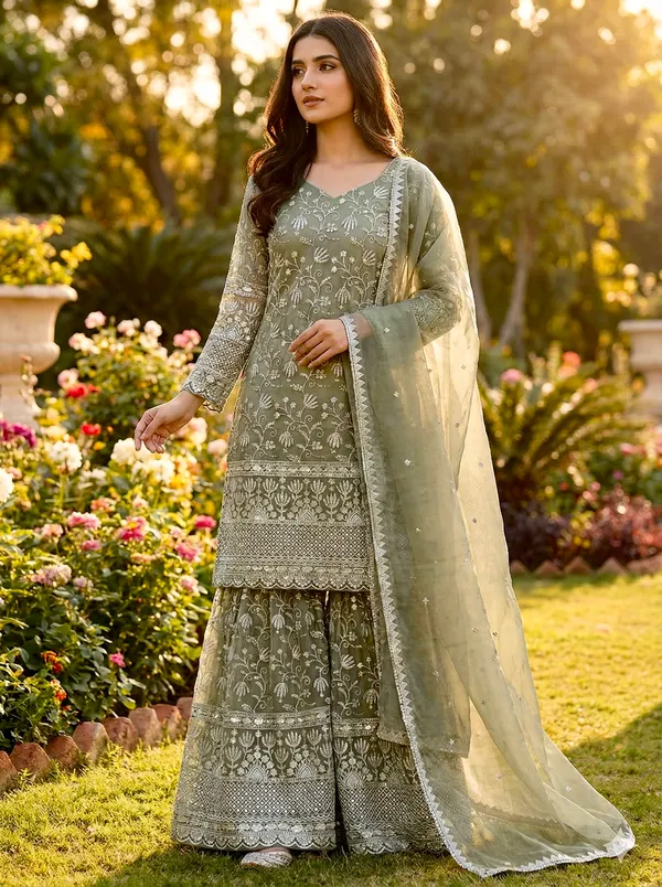 H M Fashions Designer Pakistani Sharara Suit Set, Sage Green ...