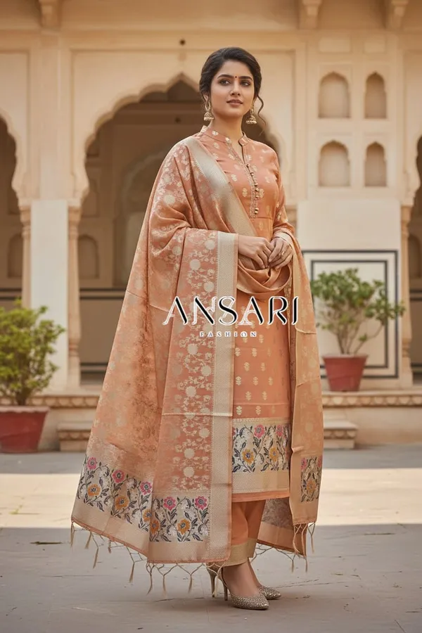 Buy Tilfi Jamdani Banarasi Suit – Peach Color | Elegant Ethnic Set for ...