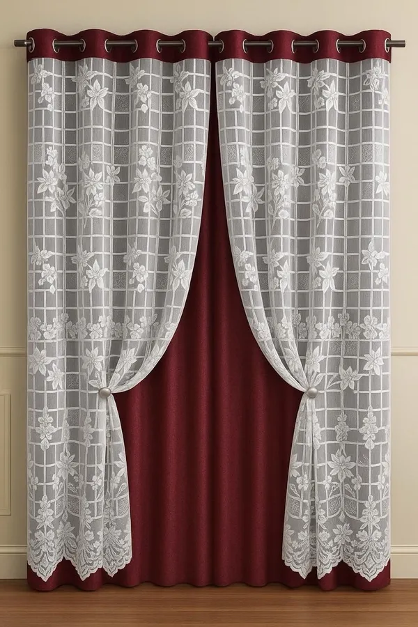 Amazemart Maroon luxury Double layer Curtains (Self Design, Pack of 2 ...