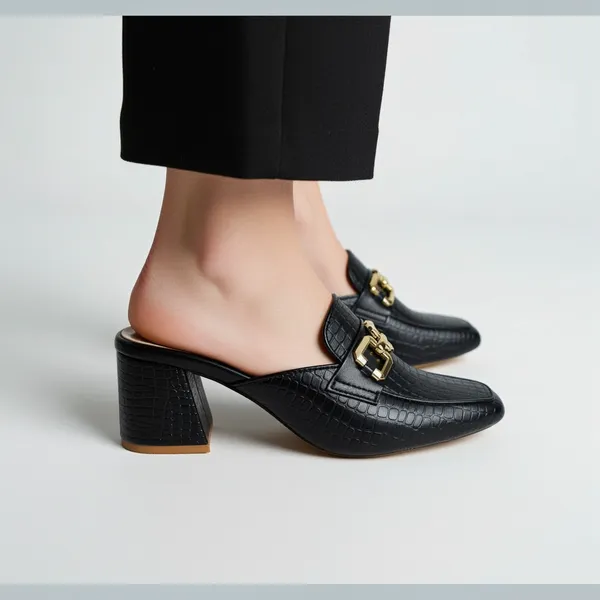 Wosum BLACK Croc-Embossed Block Heel Mule With Gold Buckle Square Toe ...