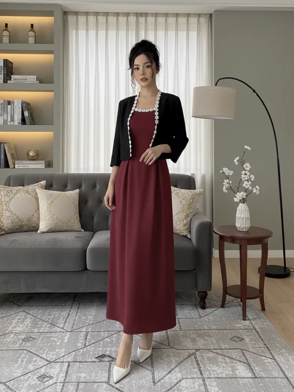 Ekeshwara Ekeshwara Maroon Sleeveless Midi Dress with Black Pearl ...