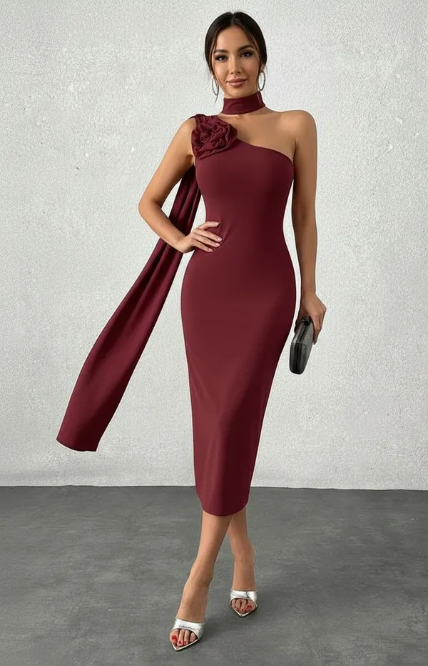 Ekeshwara Ekeshwara maroon high neck one shoulder party wear dress for ...
