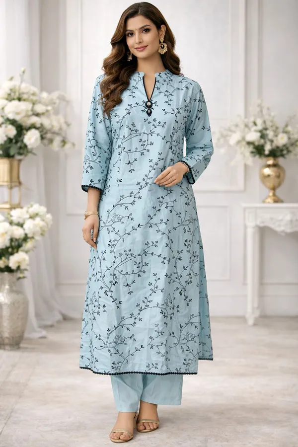 Kreative Fashionista Sky Blue Floral Printed Kurta Set For Women Price ...