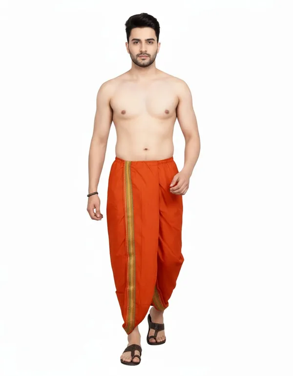 Shivalaya Garmets Orange Cotton Blend Readymade Elastic Silk Dhoti For ...
