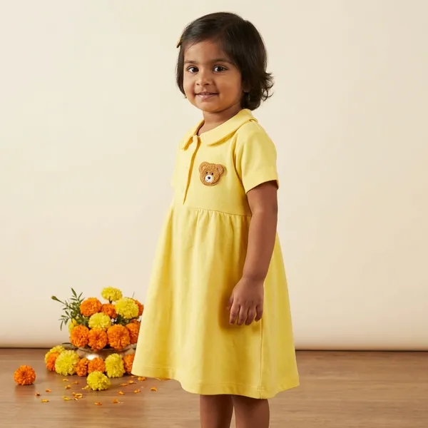 THE CUDDLEBERRY Yellow Bamboo Cotton Frock With Teddy Style Collar ...