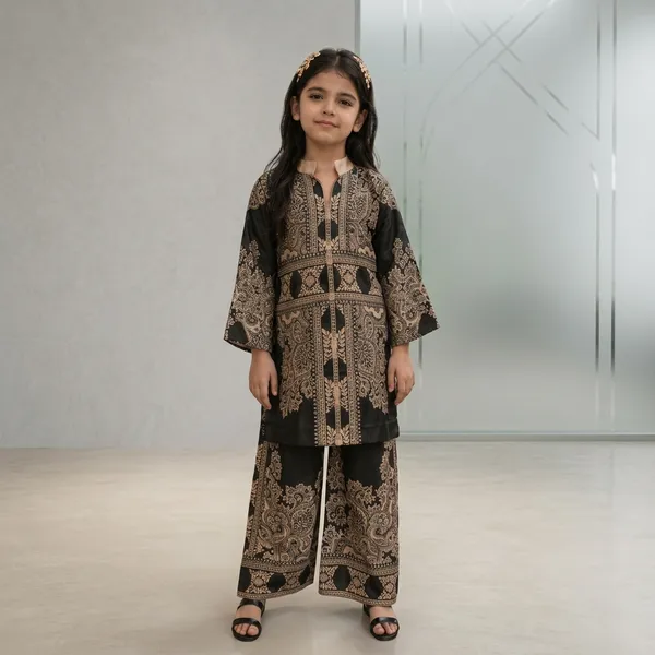 AD DESIGNER STUDIO Black Satin Embroidered Kurta Palazzo Set For Girls ...