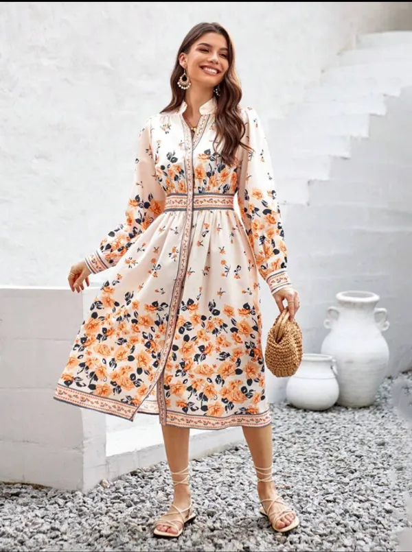 BG Fashion Floral Print Long Sleeve Mandarin Collar Dress Price in ...
