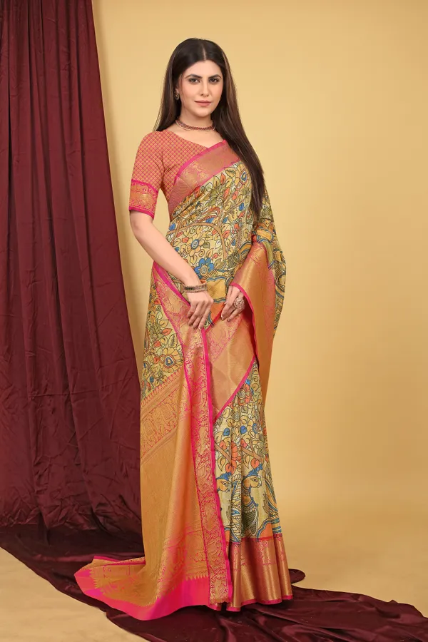 Royal Rajgharana Sarees Chiku Colour Kalamkari Digital Painted Saree ...
