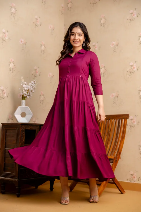 Label Kushagra Reyon Solid Wine Maternity 4 Tyer Dress Price in India ...